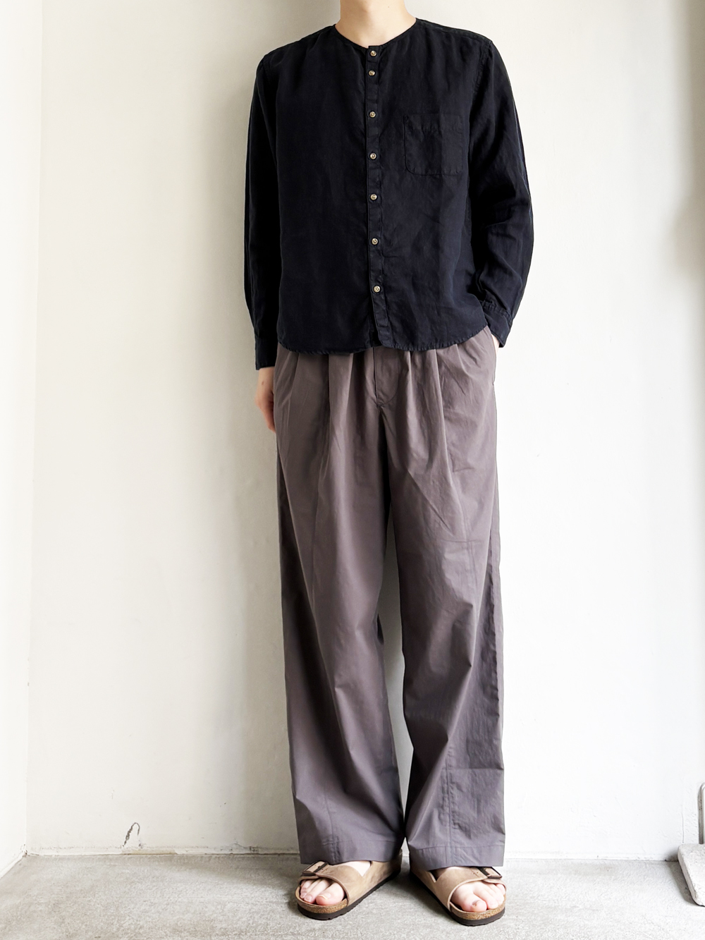 MUYA _ Linen nerd shirts no collar / Charcoal | R1